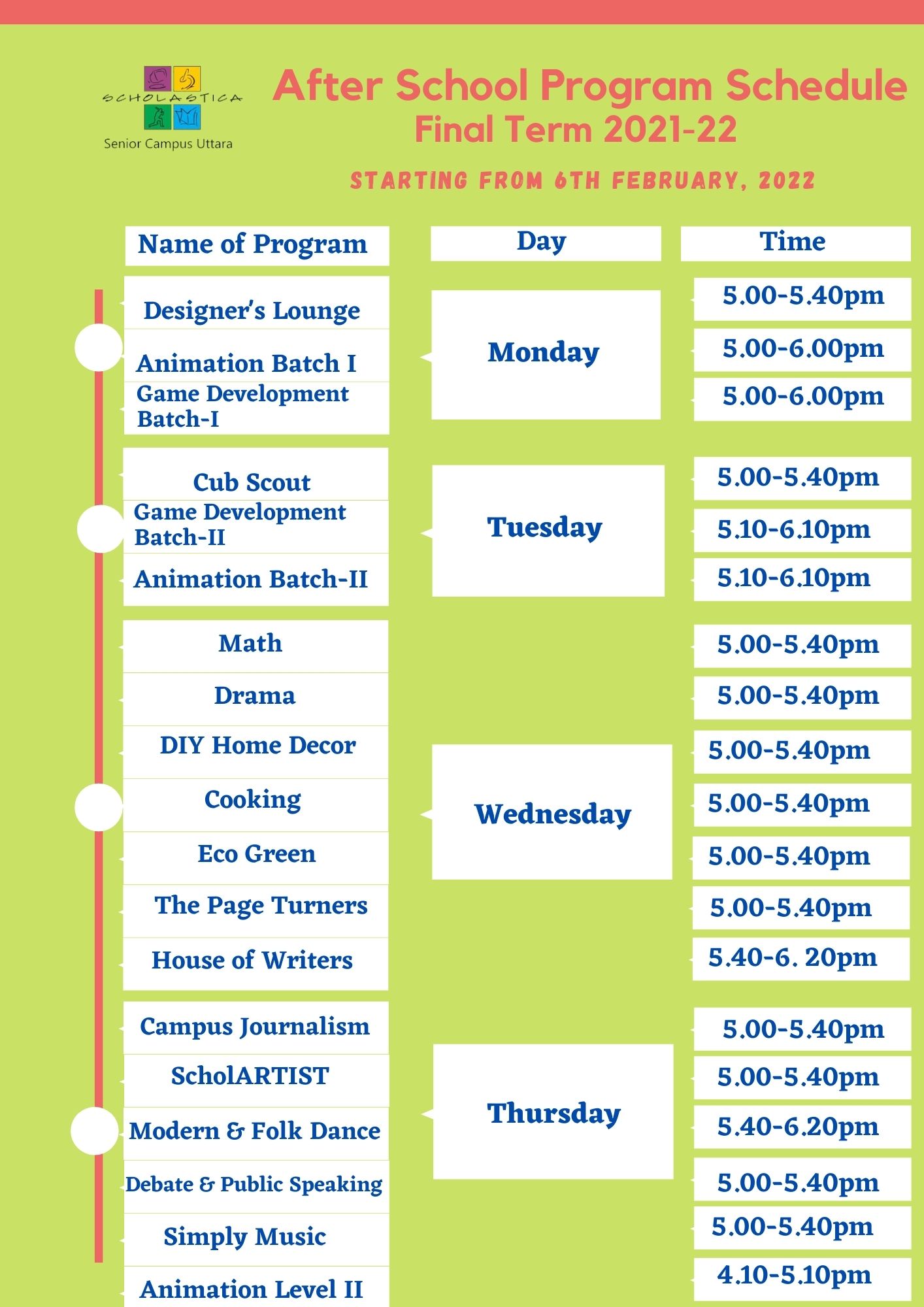 Revised Schedule of After School Programs- Starting from 6th February ...